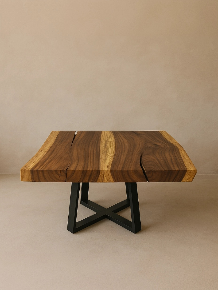 No. 02 – 53” Square Live Edge Dining Table – Acacia Slab with Metal Ba ...