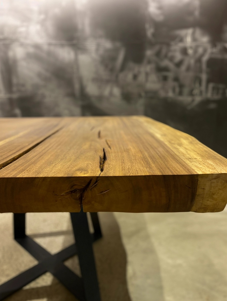 Modern Square Live Edge Dining Table, Wood and Metal Base – Arka Living